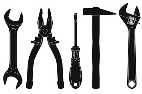산업 도구 키트스 패너 플라이어 스크루 드라이버 망치 조정 가능한 렌치 검은 실루엣 가정 생활에 대한 스톡 벡터 아트 및 기타