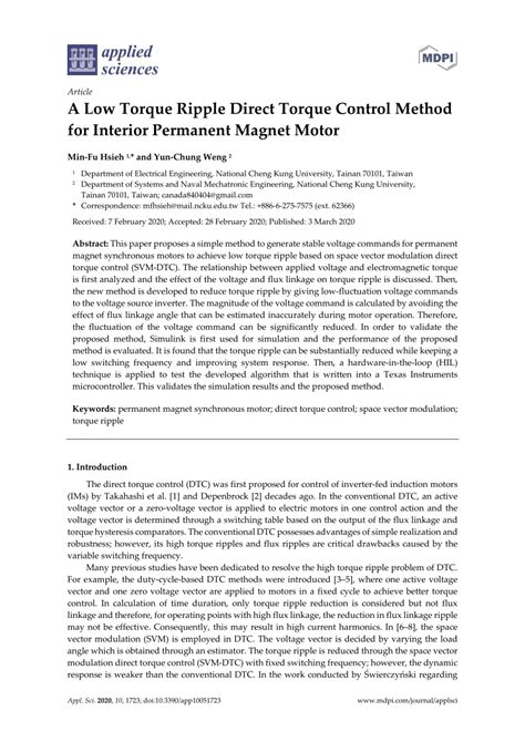 Pdf A Low Torque Ripple Direct Torque Control Method For Interior