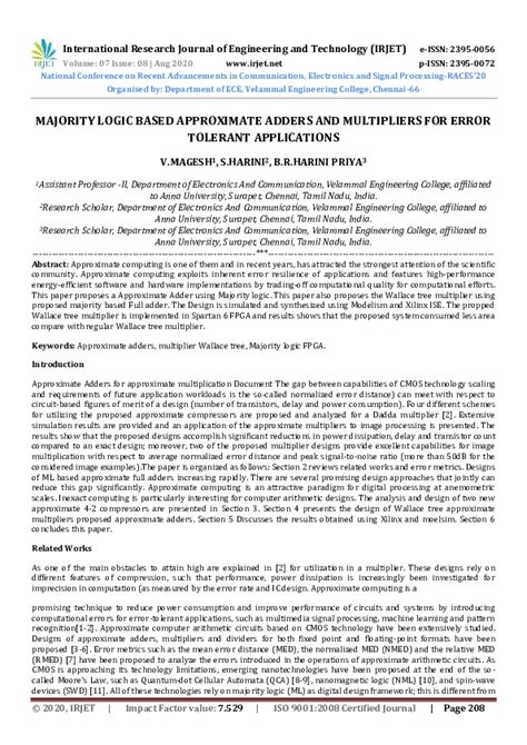Pdf Irjet Majority Logic Based Approximate Adders And Multipliers