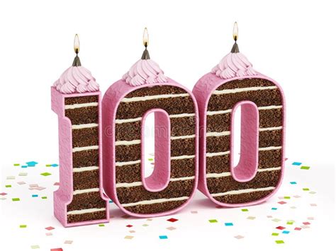 Number 100 Shaped Chocolate Birthday Cake With Lit Candle Stock
