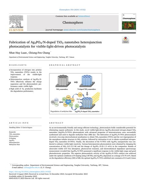 Pdf Fabrication Of Ag3po4n Doped Tio2 Nanotube Heterojunction Photocatalysts For Visible