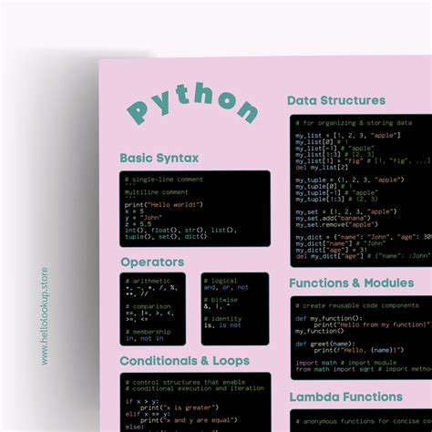 Pink Python Programming Cheat Sheet Poster Stylish Python Wall Art