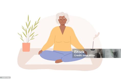 다리를 교차하고 눈을 감은 현대 노인 아프리카 여성은 집에서 명상 아늑한 방에 앉아 요가 마음 챙김 명상 호흡 제어 운동을 연습하는 노인 할머니 벡터 Mental