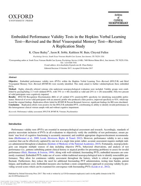 Pdf Embedded Performance Validity Tests In The Hopkins Verbal Learning Test Revised And The