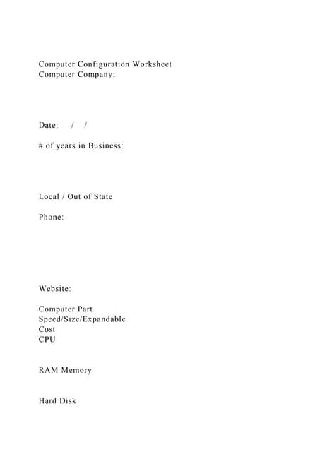 Computer Configuration Worksheetcomputer Company Docx