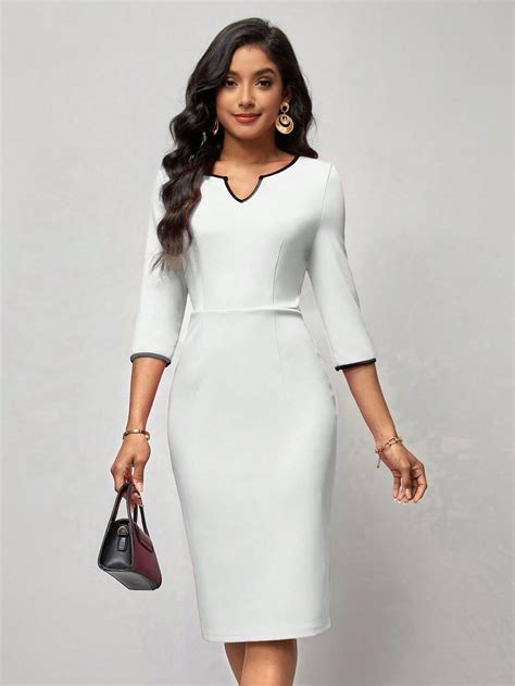Contrast Binding Notched Neckline Split Back Dress Classy Outfits