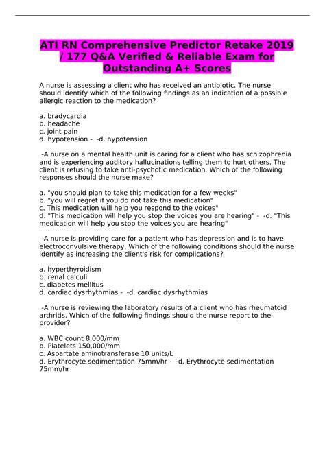 ATI RN Comprehensive Predictor Retake Q A Verified Reliable Exam For Outstanding A