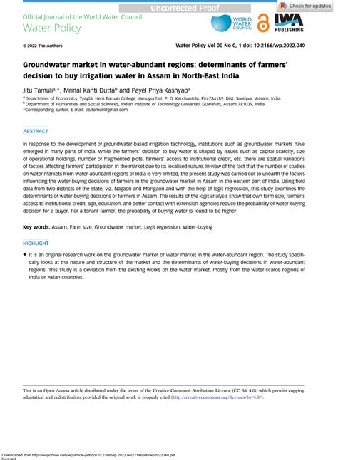 Pdf Groundwater Market In Water Abundant Regions Determinants Of