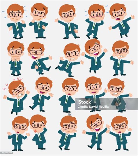안경 만화 캐릭터 사업입니다 다른 자세 태도 포즈 고립 된 벡터 그림에 다양 한 활동을 하 고 설정 합니다 금융에 대한 스톡