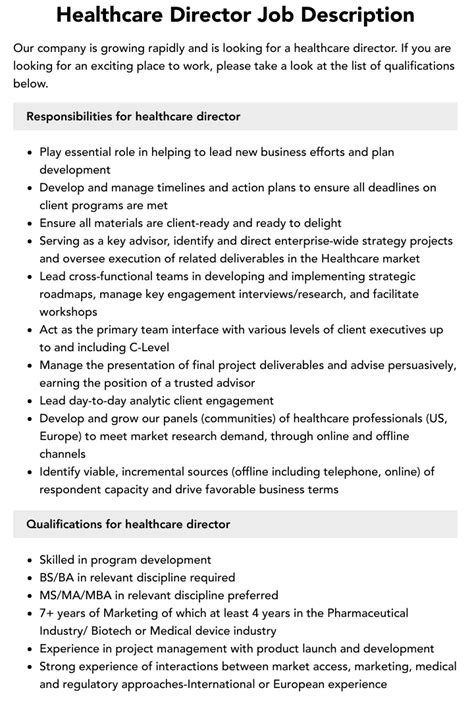 Healthcare Director Job Description Velvet Jobs