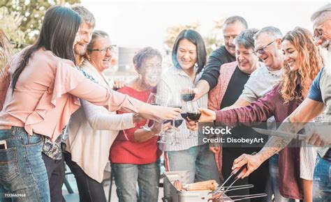 바베 큐 식사를 하 고 야외에서 레드 와인을 응원 하는 가족 고기저녁 식사여름 라이프 스타일 우정과 재미 개념요리사 손 요리에 초점을 재미 있는 사람들의 다른 나이 사람들에