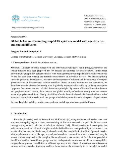 Pdf Global Behavior Of A Multi Group Seir Epidemic Model With Age Structure And Spatial Diffusion