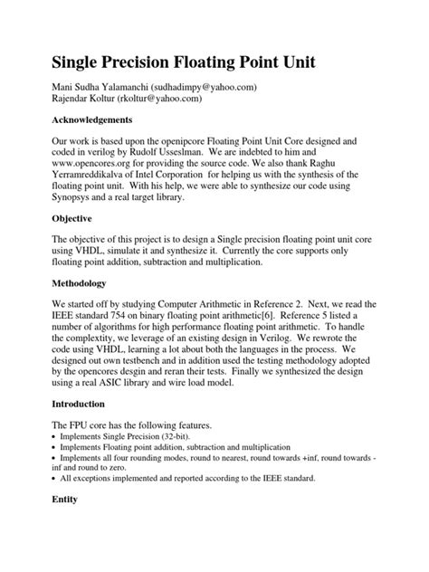 single precision floating point unit pdf vhdl hardware
