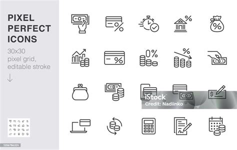 돈 대출 라인 아이콘 설정입니다 신용 점수 낮은 이자 할인 카드 모기지 퍼센트 세금 최소 벡터 그림 은행 신청을 위한 간단한 개요 표지판 30x30 픽셀 완벽한 편집 가능한