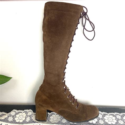 Vintage 60s Brown Suede Leather Knee High Lace Up Boots By Gilma