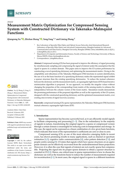 PDF Measurement Matrix Optimization For Compressed Sensing System