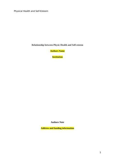 Relationship Between Physical Health And Self Esteem