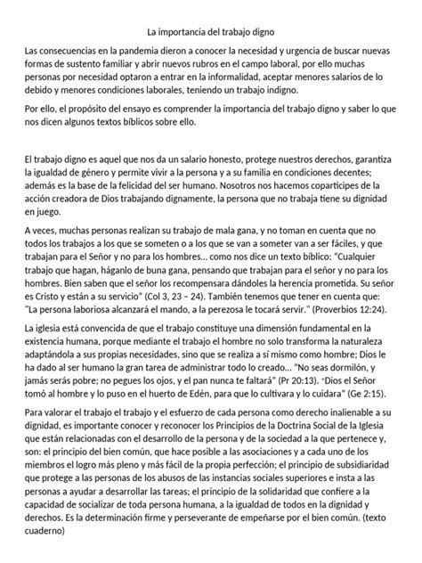 La Importancia Del Trabajo Digno Iglesia Pdf Dignidad Bien Común