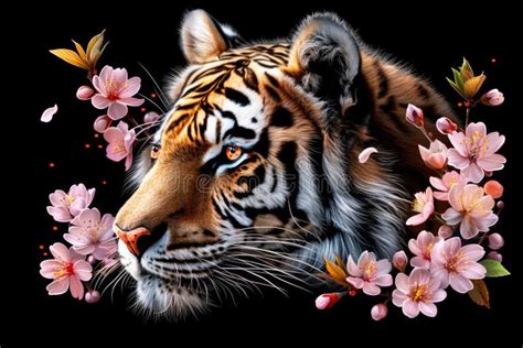 Detailed Tiger Cherry Blossom Vector On Black Backgroundswirling