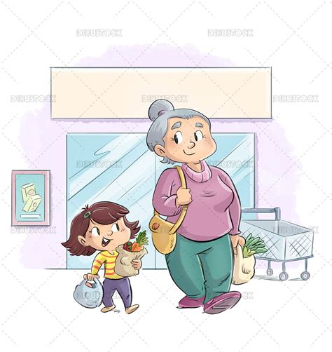 Ilustraci N De Una Ni A Que Acompa A A Su Abuela A Comprar Dibustock