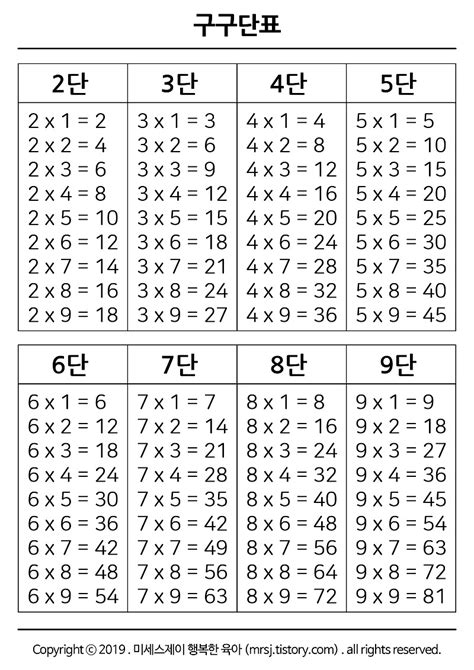 구구단 프린트 무료 도안 구구단표 연습장