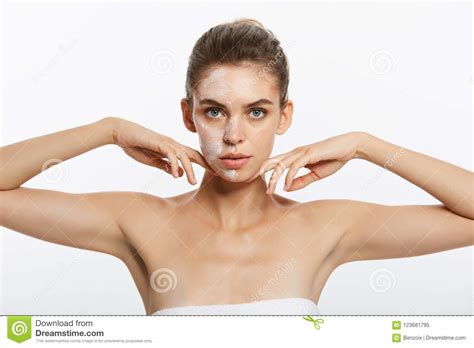 Close Up Beauty Portrait Of Beautiful Half Naked Woman Applying Face