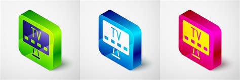 灰色の背景に分離されたアイソメスマートテレビアイコンテレビの看板正方形のボタンベクトル 3dのベクターアート素材や画像を多数ご用意