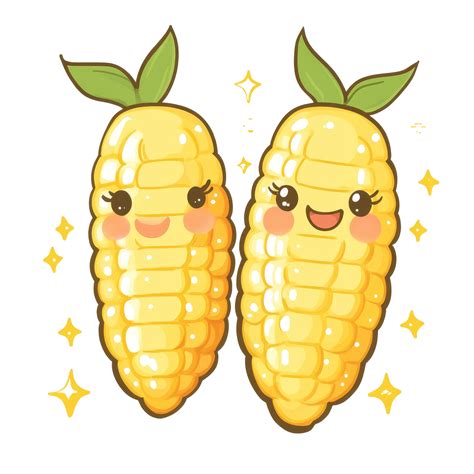 Adorable Kawaii Style Corn Characters With Happy Faces And Green Leaves