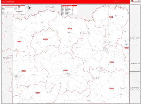 Cass County Tx Zip Code Wall Map Red Line Style By Marketmaps Mapsales