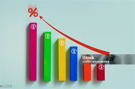돈 금융 개념의 시간 값 바 그래프 스택 빨간색 화살표와 퍼센트 아이콘 아래로 단계 리스크 관리 비즈니스 재무 및 투자 비율