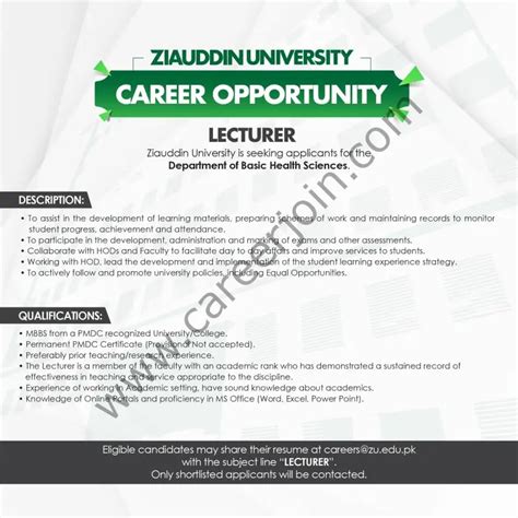 Ziauddin University Jobs Lecturer