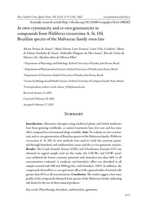 Pdf In Vitro Cytotoxicity And Ex Vivo Genotoxicity In Compounds From