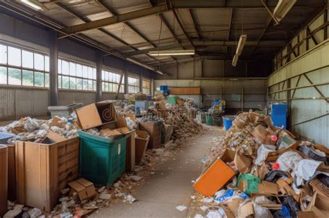 Recycling Center With Bins Of Various Materials For Sorting And