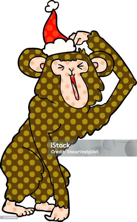 산타 모자를 쓰고 머리를 긁는 침팬지의 손으로 그린 만화책 스타일의 그림 귀여운에 대한 스톡 벡터 아트 및 기타 이미지