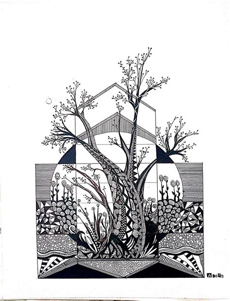 Pen Art Black And White Drawing Of A Tree