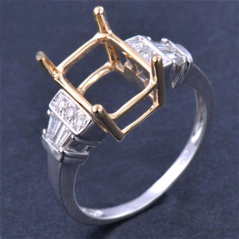 Emerald Cut 8x10mm Solid 14k 2 Tone Gold Natural Diamond Semi Mount