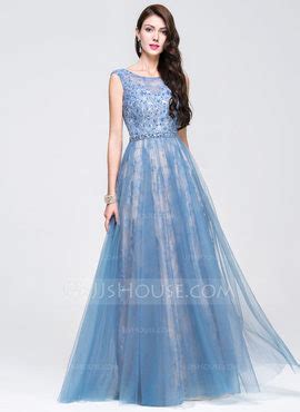 A Line Princess Scoop Neck Floor Length Tulle Lace Prom Dresses With Beading Sequins