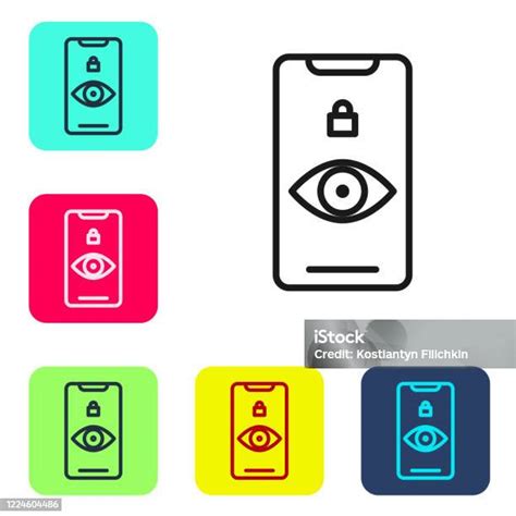 흰색 배경에 격리 된 검은 색 선 눈 스캔 아이콘입니다 눈을 스캔합니다 보안 검사 기호입니다 사이버 아이 사인 색상 정사각형 버튼으로 아이콘을 설정합니다 벡터 일러스트레이션