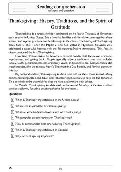Thanksgiving Informational Text With Comprehension Questions For Middle