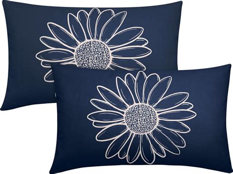Navy Blue Daisy Flower Lumbar Pillow Covers 12x20 Inch Set Of 2 Spring