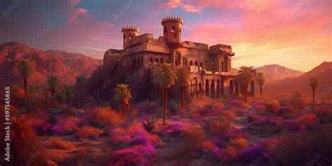Increíble atardecer en castillo dentro de un desierto arenas doradas increíble cielo con