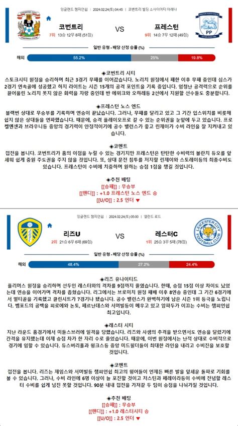2월 24일 잉글랜드 챔피언쉽 2경기 축구자료 라이브스코어 라이브맨 실시간 라이브스코어 토토사이트 추천 꽁머니 먹튀검증 커뮤니티 안전놀이터 추천 배당흐름 분석