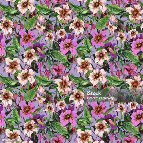 아름 다운 Stro팬텀 따라서 꽃 라일락 배경에 나뭇가지를 등반에 완벽 한 꽃 패턴입니다 수채화 그림입니다 손으로 그린 식물