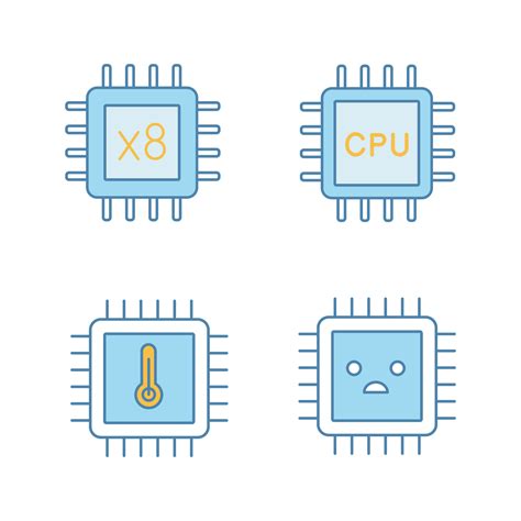 Processors Color Icons Set Octa Core CPU Processors Microprocessor Temperature Sad Chip
