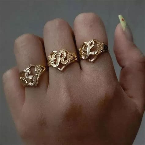Personalized Flower Heart Initial Letter Ring Custom Ring Custom Gold