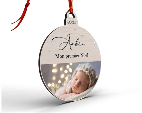 Photo Personnalisée Boule De Noël En Bois Et Couleur Mon Premier Noël