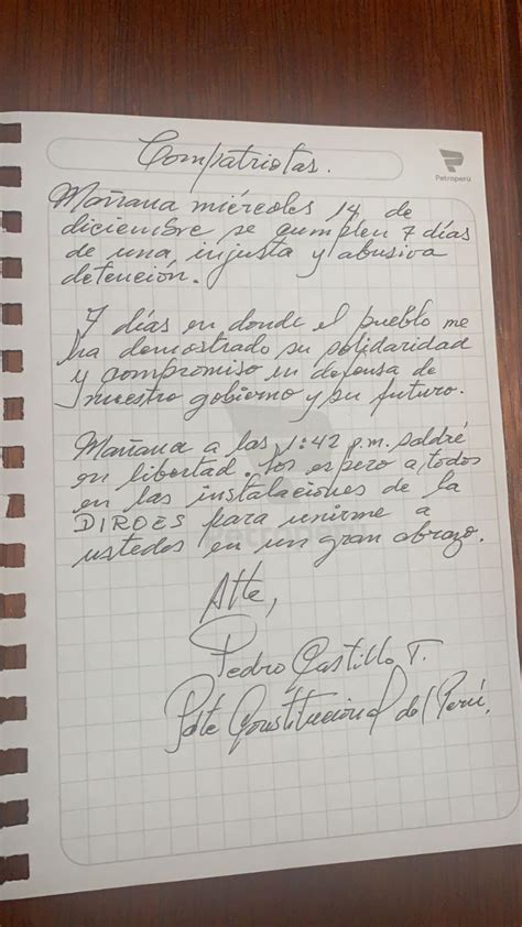 Pedro Castillo Escribe En Una Nueva Carta “mañana Se Termina Una