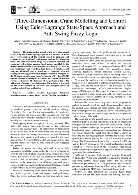 Pdf Three Dimensional Crane Modelling And Control Using Euler