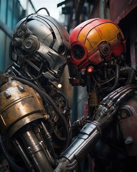 Premium Photo Close Up Of Two Old Robots In An Abandoned Factory Toned