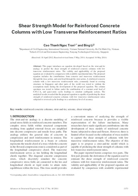 Pdf Shear Strength Model For Reinforced Concrete Columns With Low Transverse Reinforcement Ratios